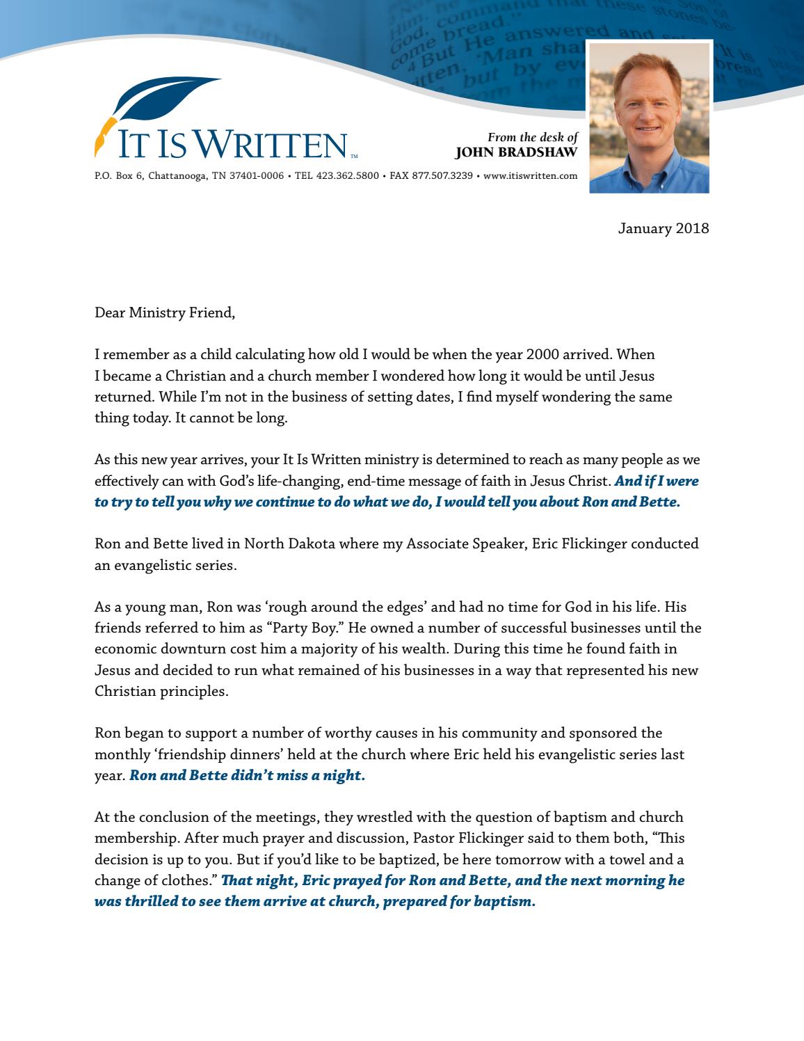 January 2018 Letter by It Is Written, Inc - Issuu