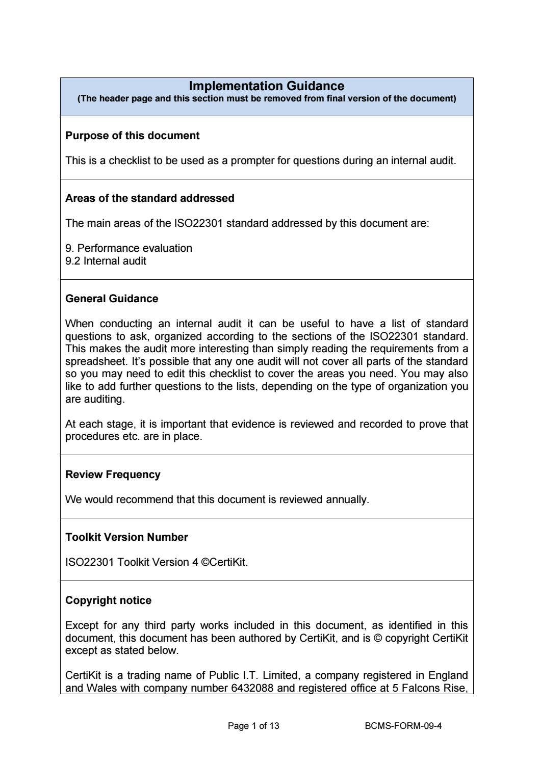 Bcms form 09 4 internal audit checklist by CertiKit Limited - Issuu