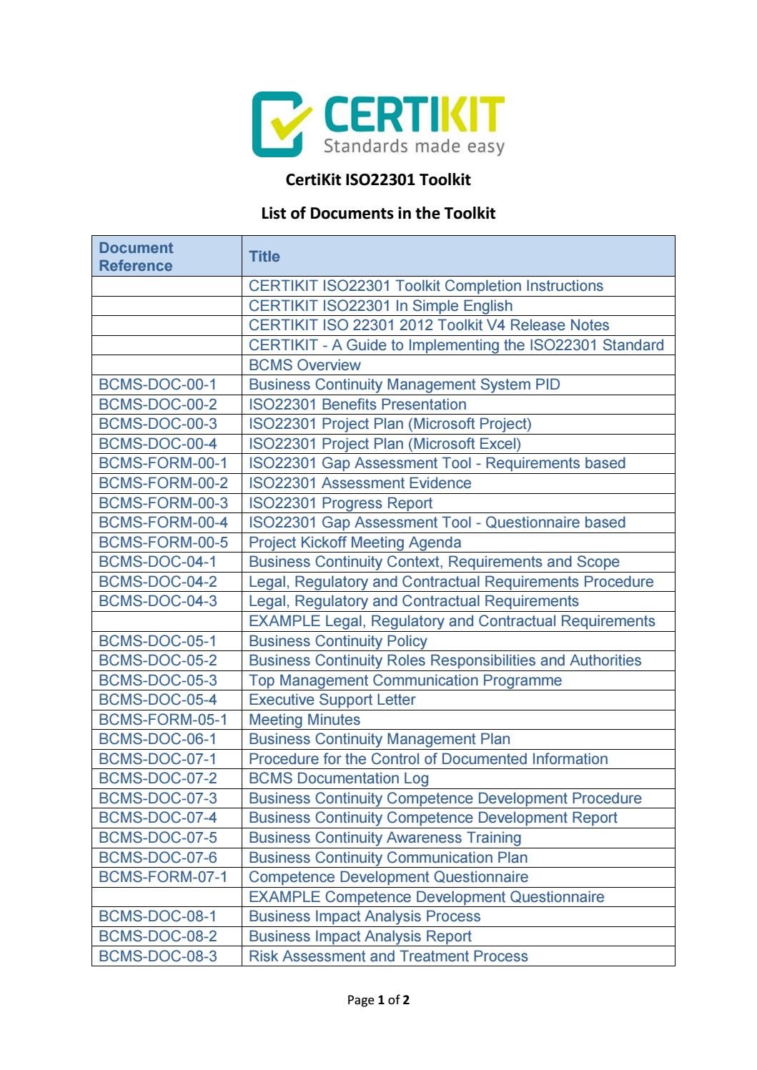 Downloadable list of documents in the certikit iso22301 toolkit by ...