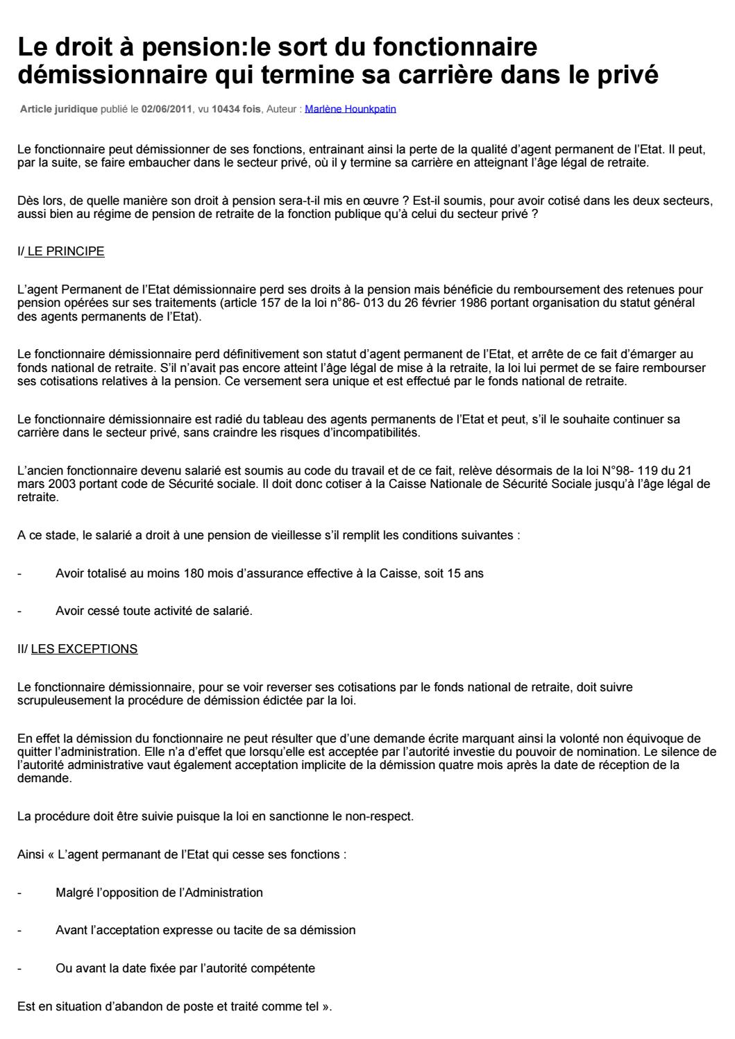 Droit pension sort fonctionnaire demissionnaire 5712 by GAYRAUD - Issuu