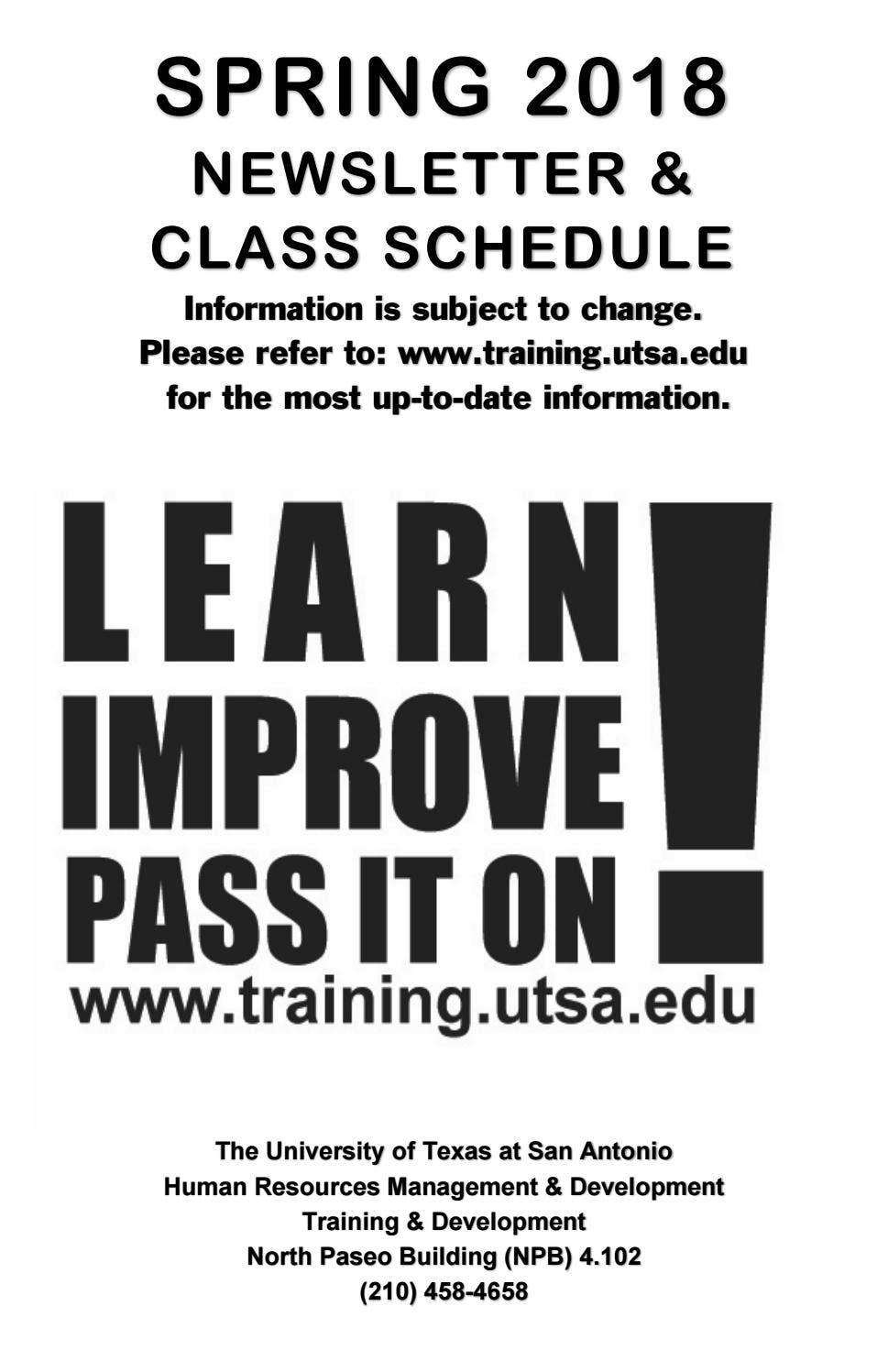 UTSA Training and Development Spring 2018 Newsletter and Class Schedule ...