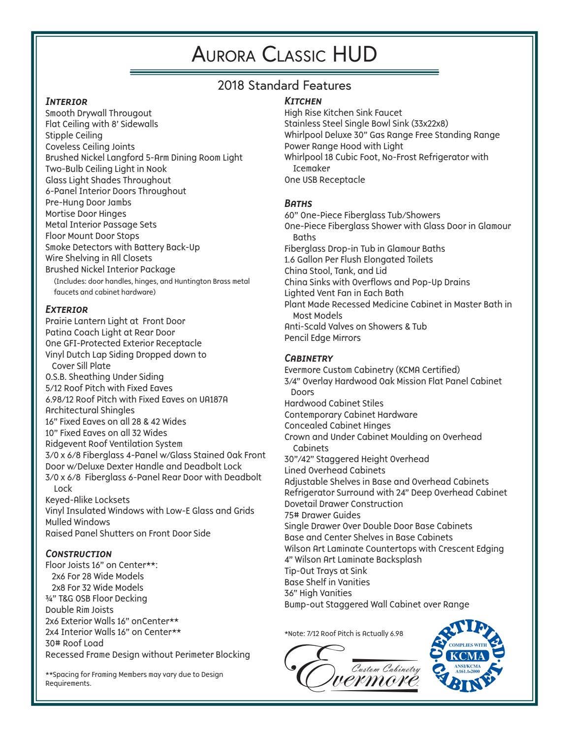 Commodore Homes of Indiana Aurora Classic Standard Features Hud 2018 by ...