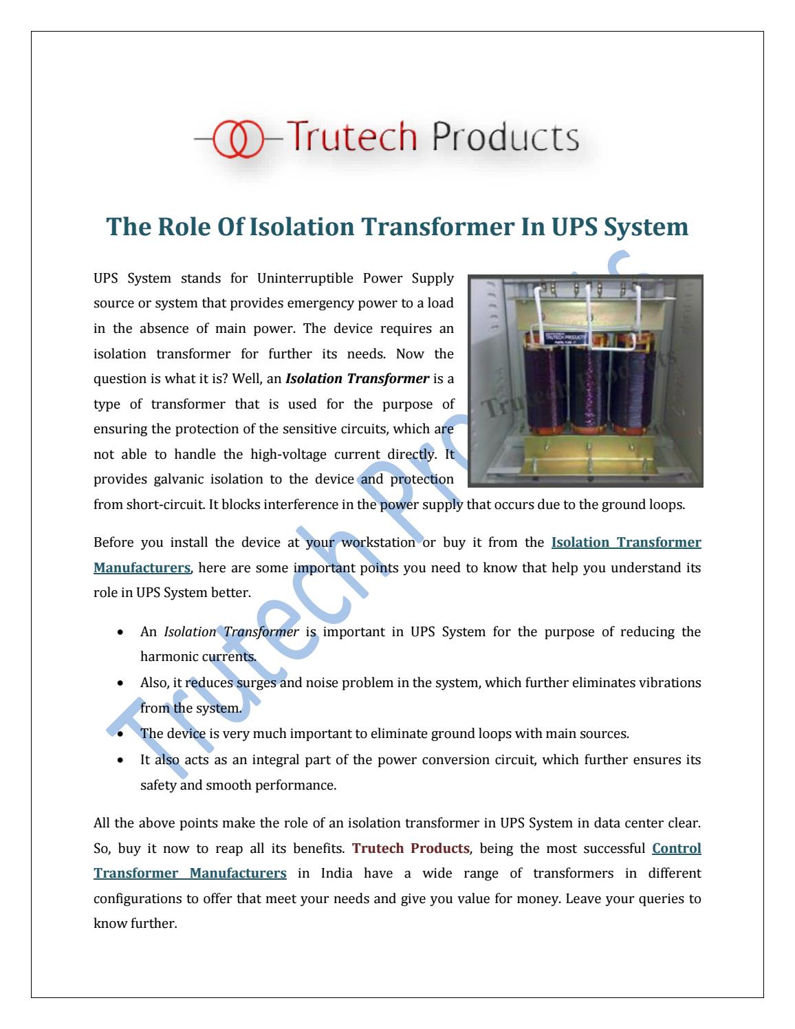 The Role of Isolation Transformer in UPS System by Trutech Products - Issuu
