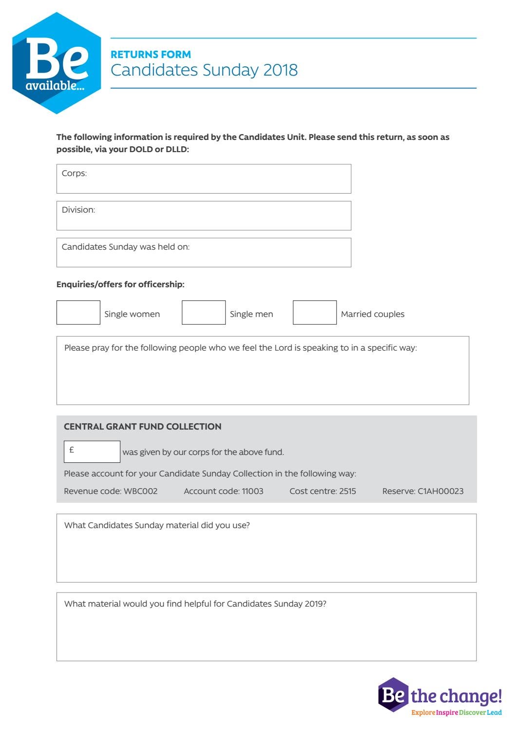 Returns Form Candidates Sunday By The Salvation Army Uk And Ireland