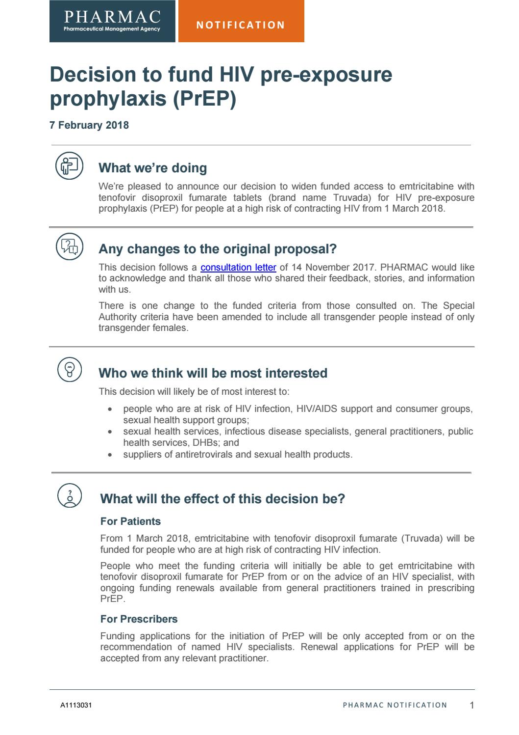 Notification on emtricitabine with tenofovir for prep in HIV by WBOP ...