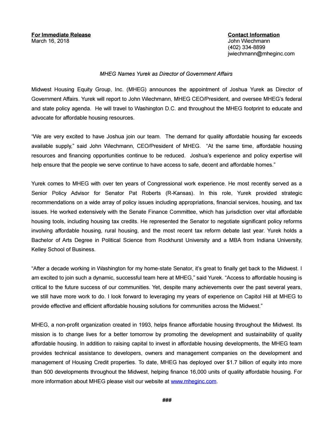 Yurek press release 3 16 18 by MHEGINC - Issuu