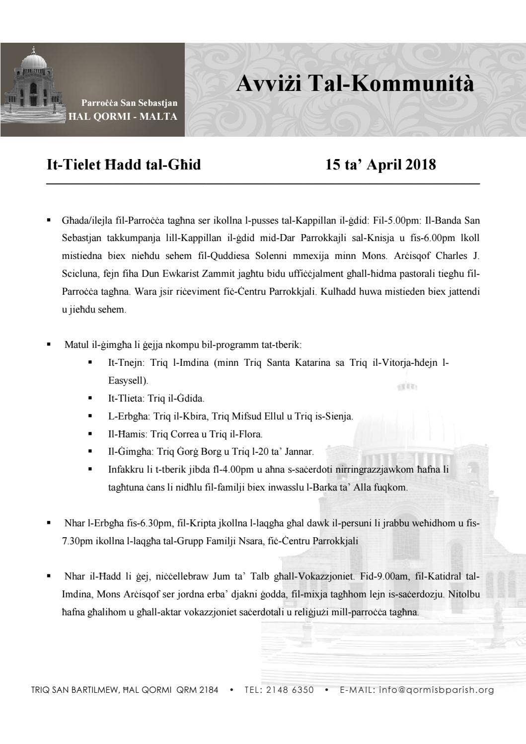 Avvizi 15 ta' April 2018 by St Sebastian Parish Qormi - Issuu