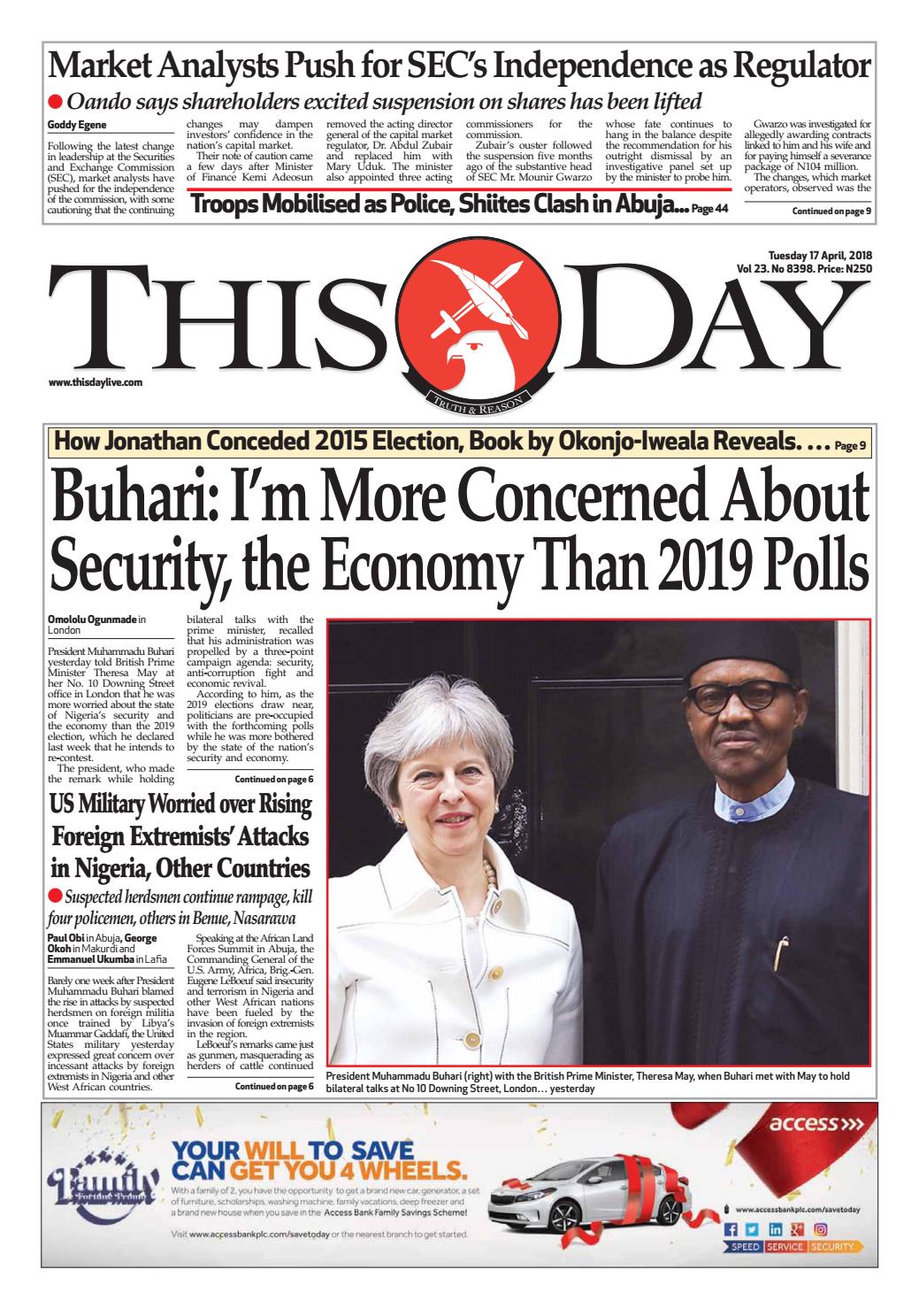 Tuesday 17th April 2018 by THISDAY Newspapers Ltd - Issuu