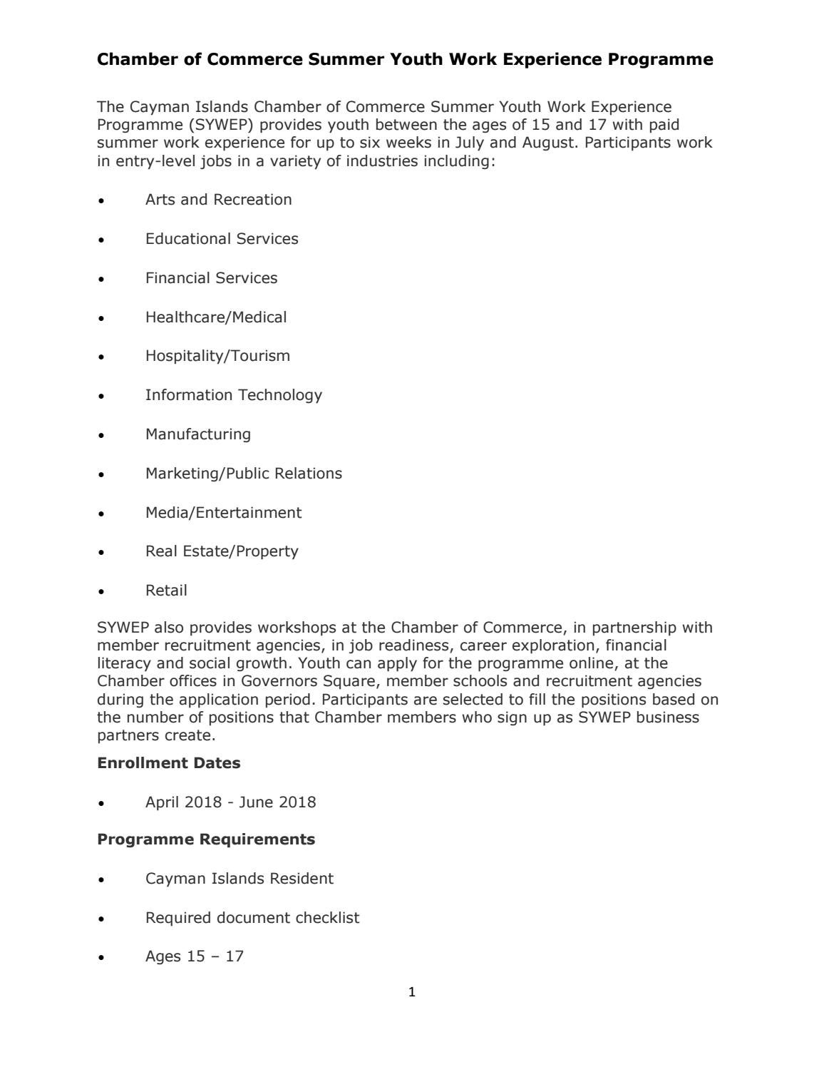 Summer Youth Work Experience Outline & FAQs by caymanchamber - Issuu