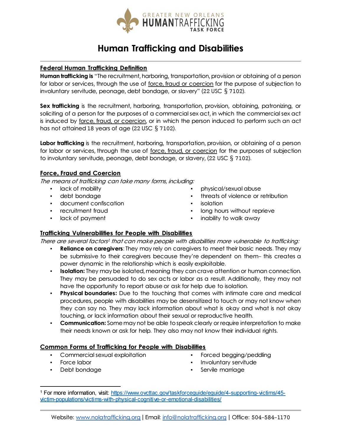 Human Trafficking & Disabilities Fact Sheet by Greater New Orleans ...