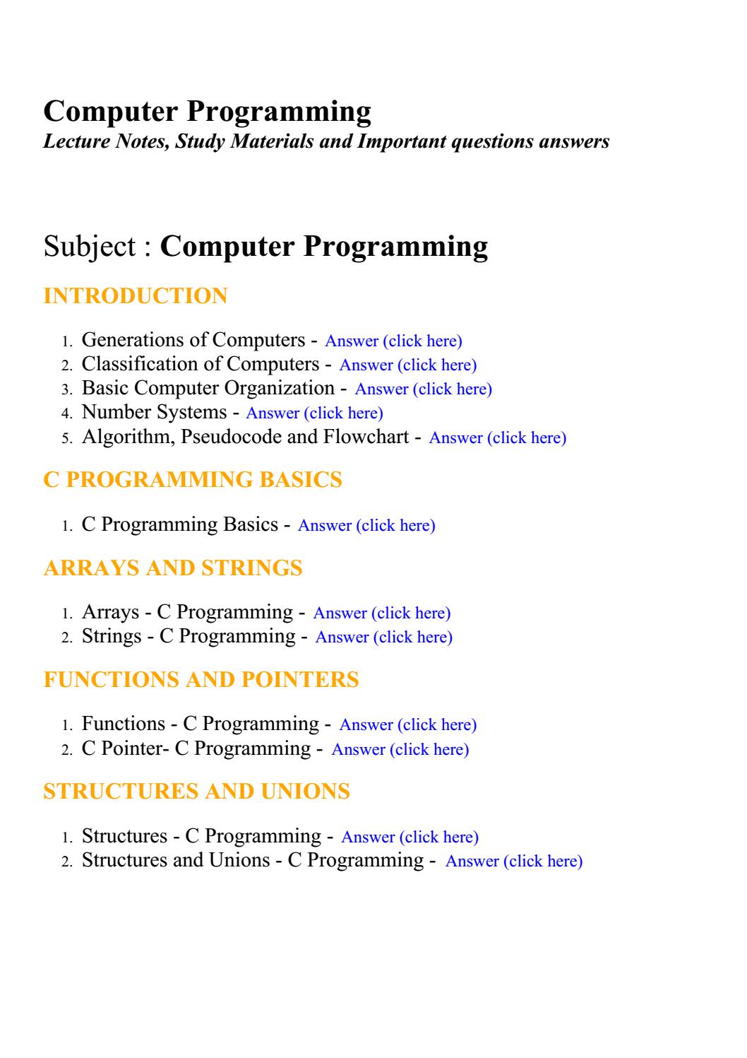 Computer programming - Lecture Notes, Study Materials and Important ...