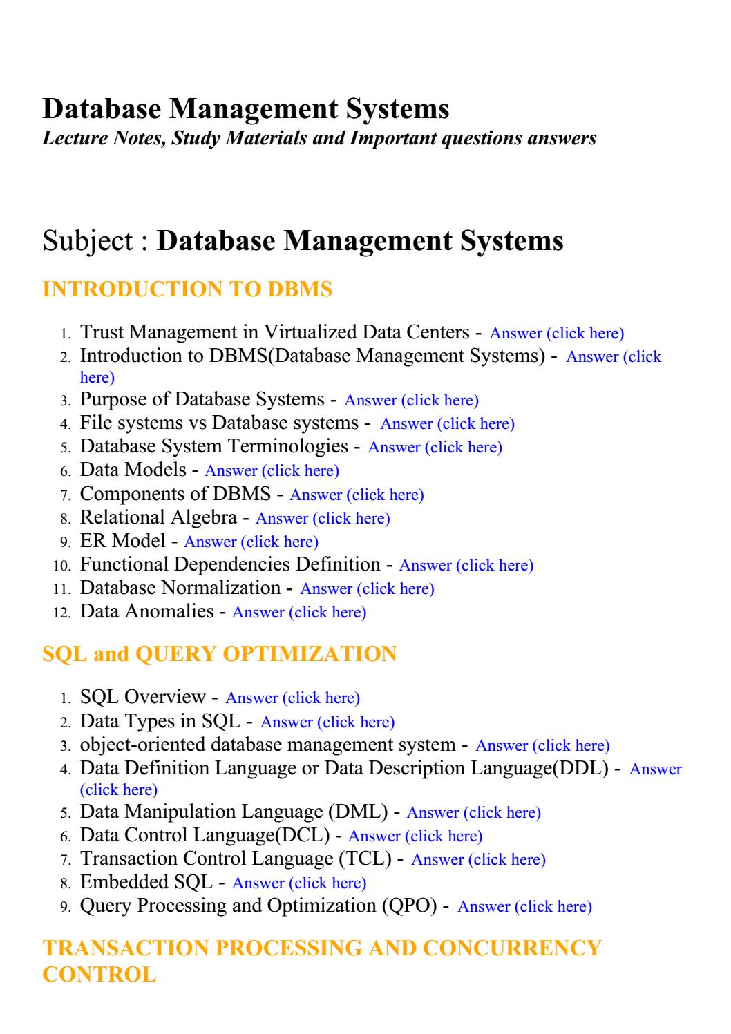 Database Management Systems Lecture Notes Study Materials And 
