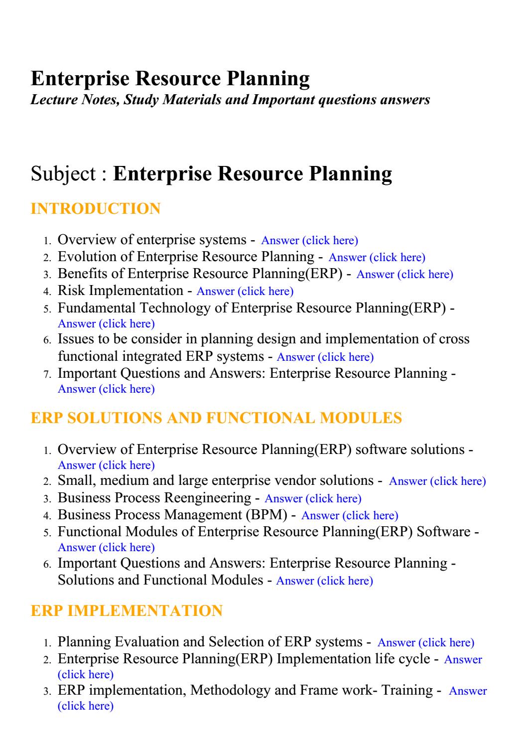 Enterprise resource planning - Lecture Notes, Study Materials and ...
