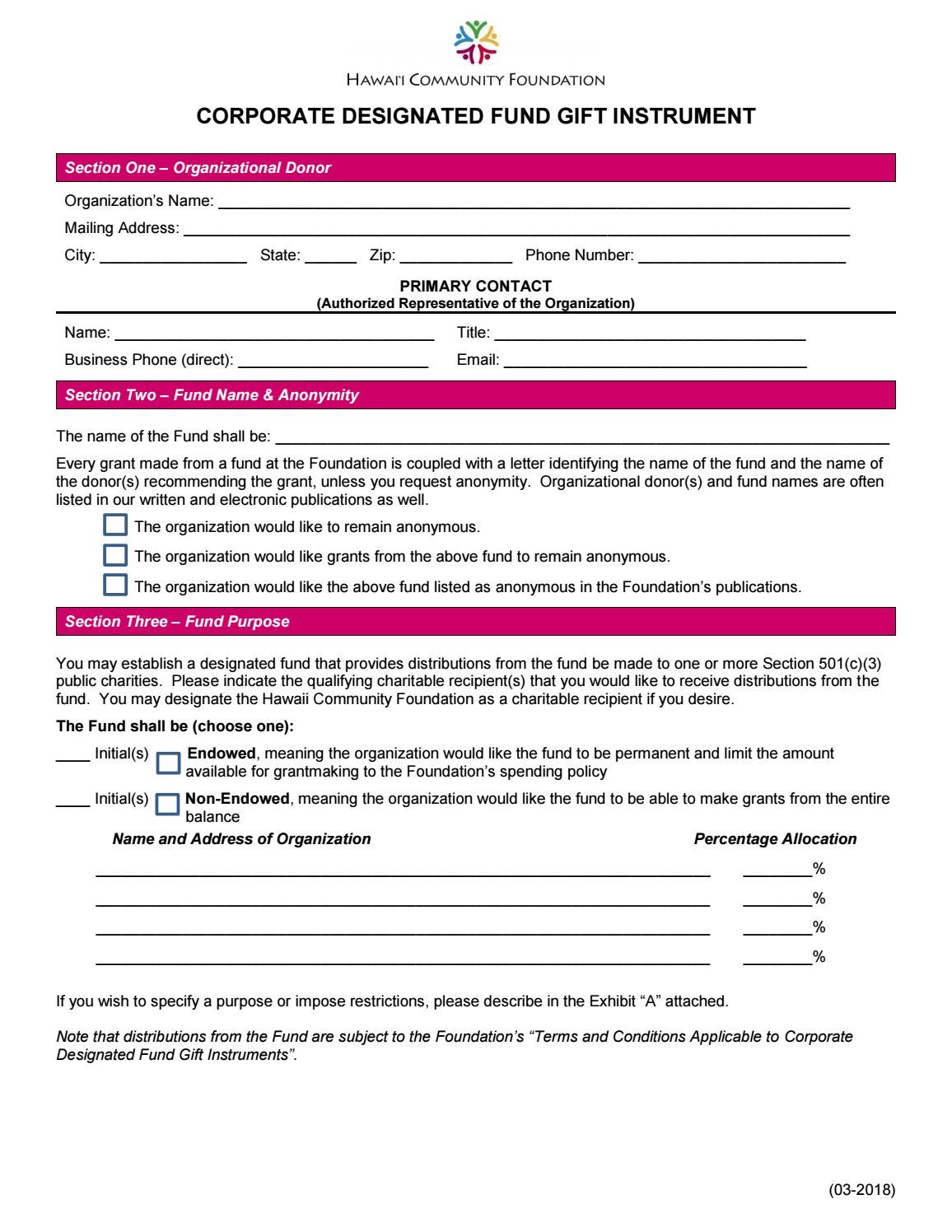 CORPORATE DESIGNATED FUND GIFT INSTRUMENT by Hawaii Community ...