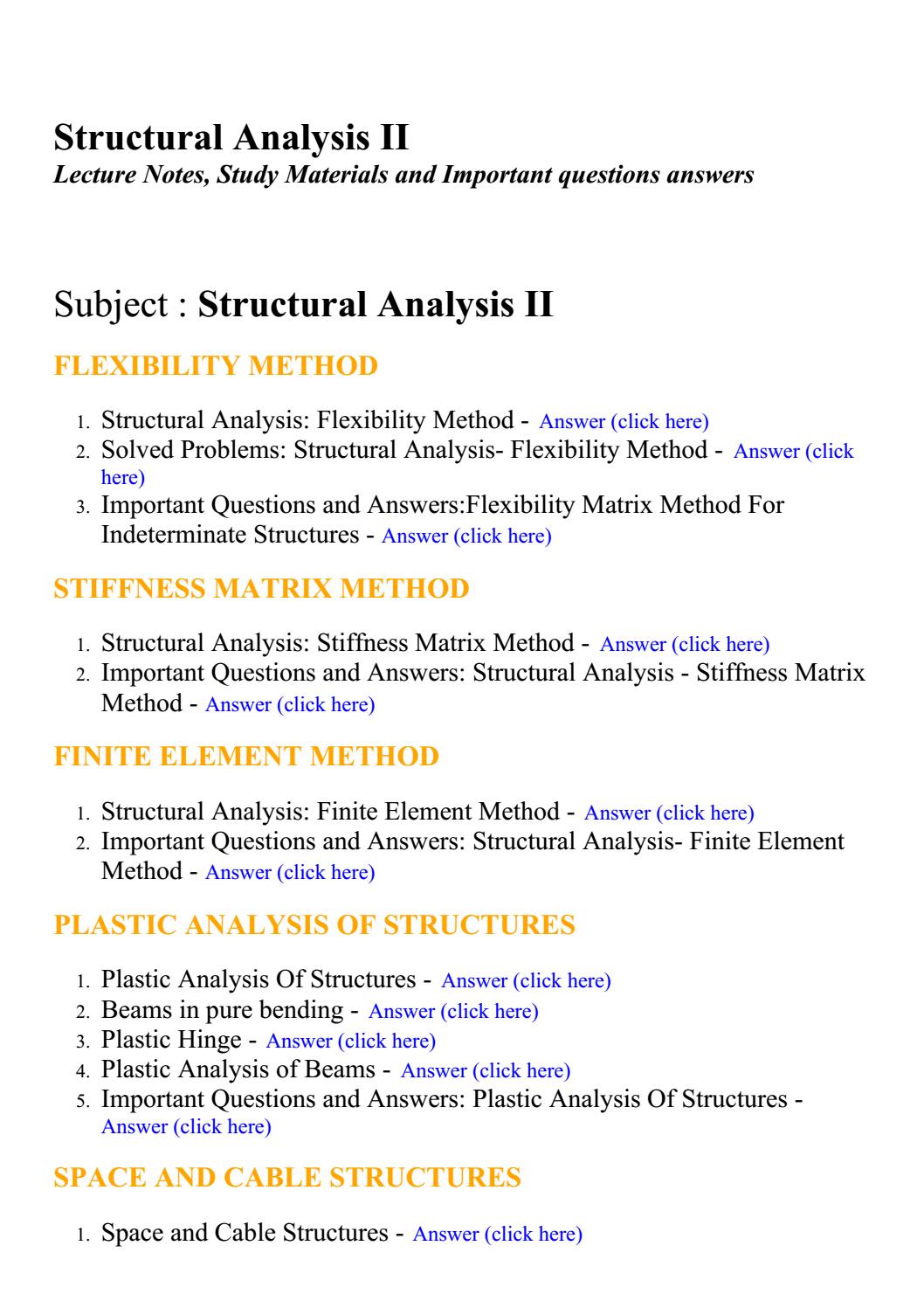 Structural Analysis Ii Lecture Notes Study Materials And Important ions Answers By 