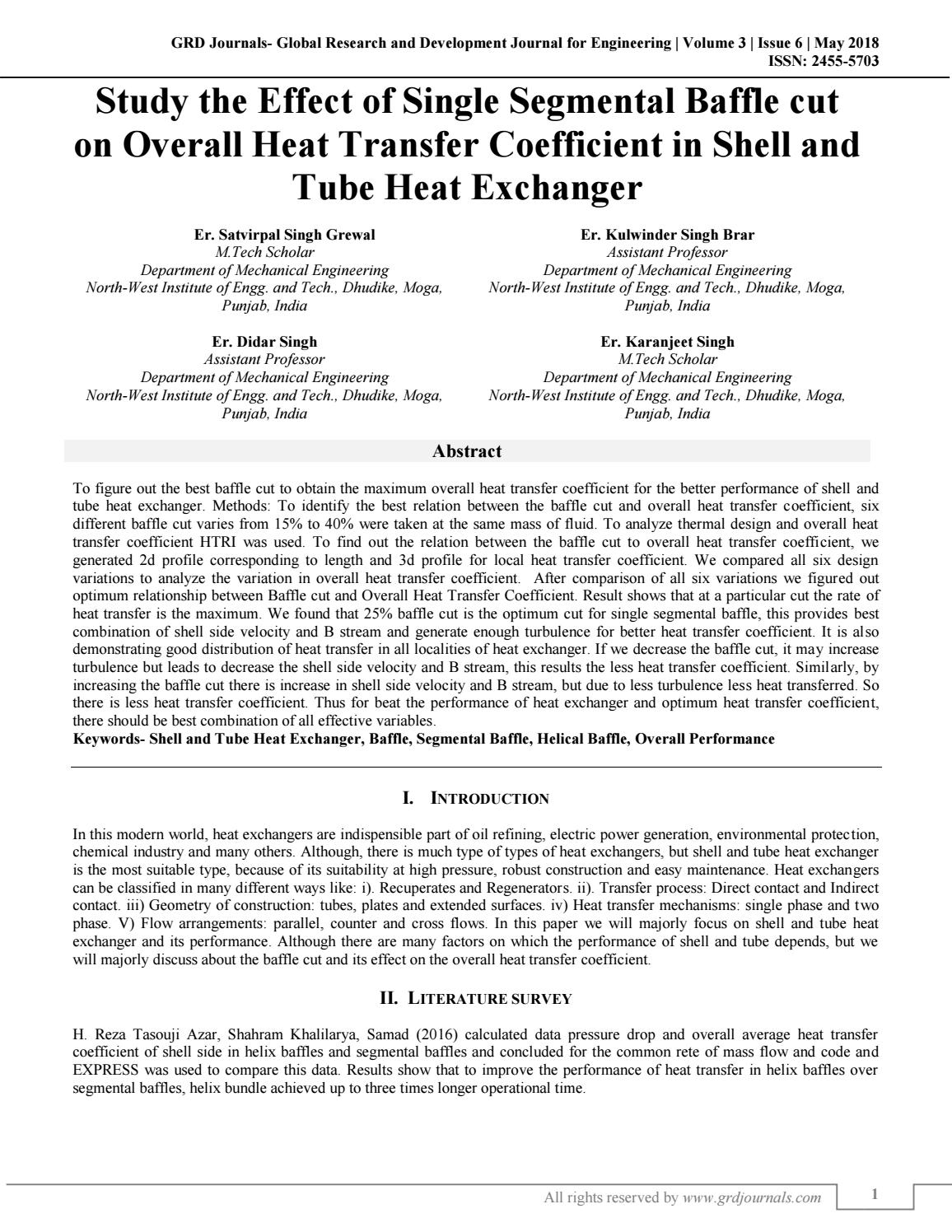 Study the Effect of Single Segmental Baffle cut on Overall Heat ...