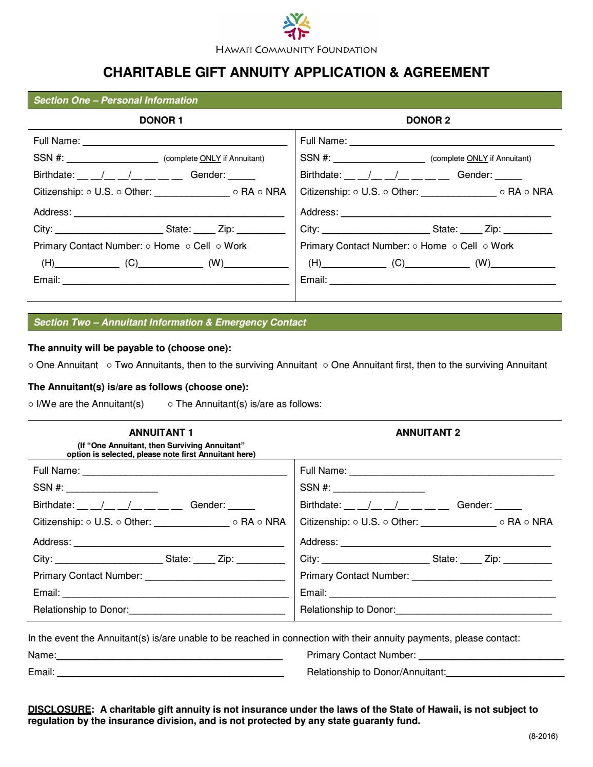 CHARITABLE GIFT ANNUITY APPLICATION & AGREEMENT by Hawaii Community ...