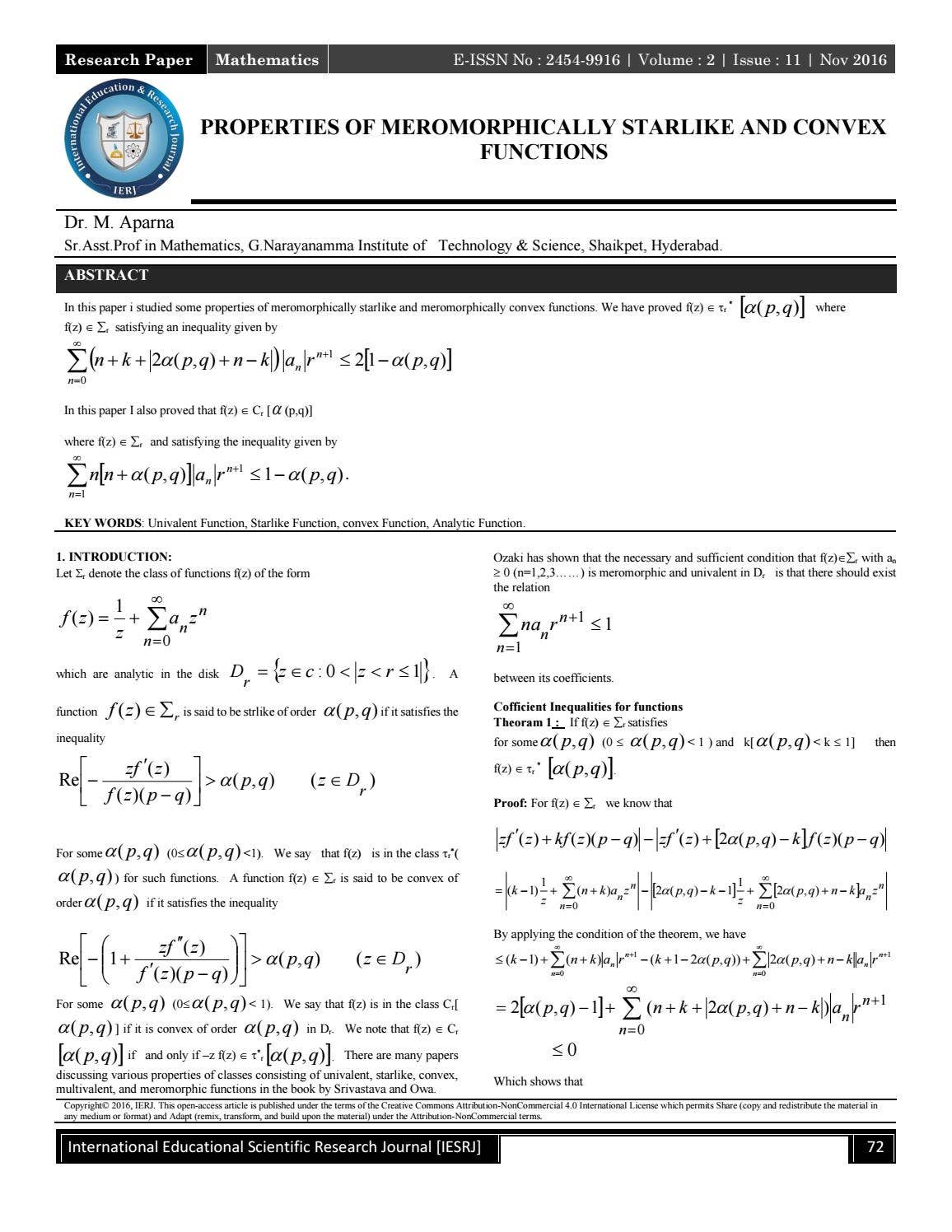 PROPERTIES OF MEROMORPHICALLY STARLIKE AND CONVEX FUNCTIONS by International Education and ...