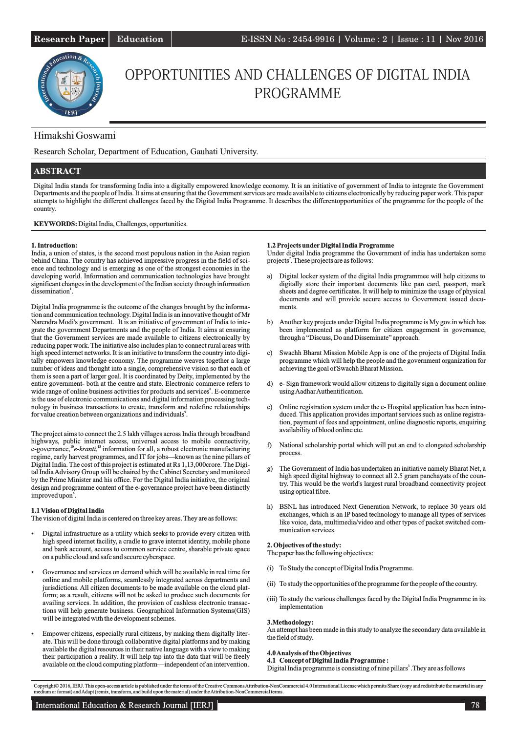 OPPORTUNITIES AND CHALLENGES OF DIGITAL INDIA PROGRAMME by ...