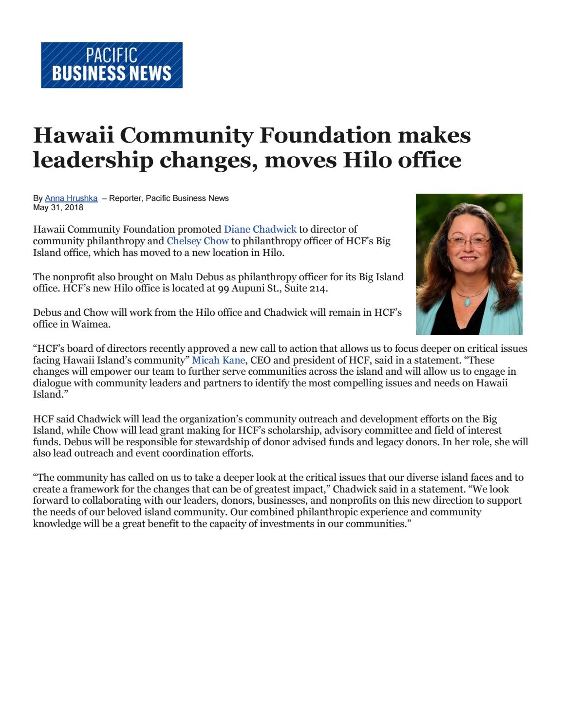 PBN - Hawaii community foundation makes leadership changes by Hawaii ...
