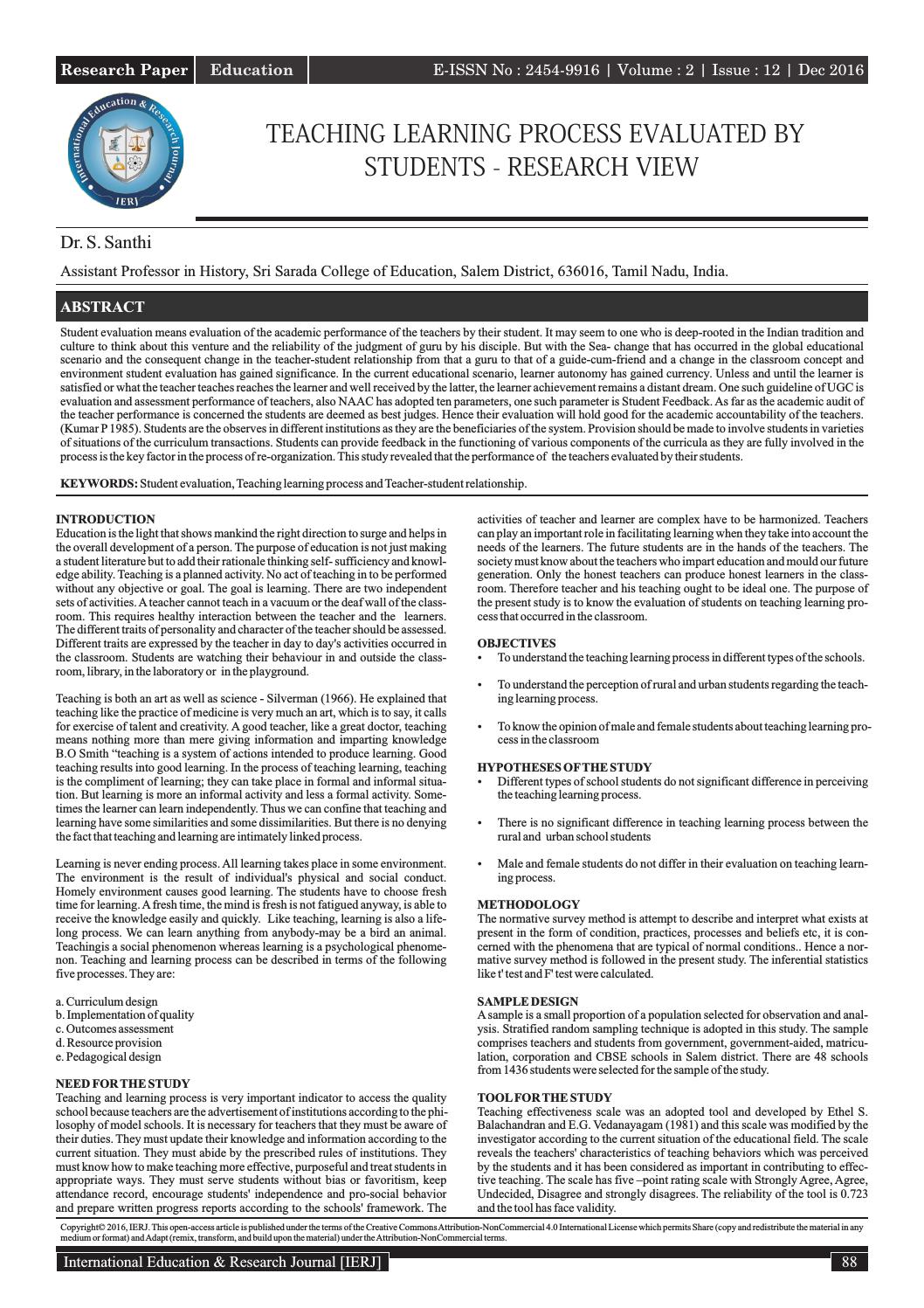 TEACHING LEARNING PROCESS EVALUATED BY STUDENTS - RESEARCH VIEW by ...