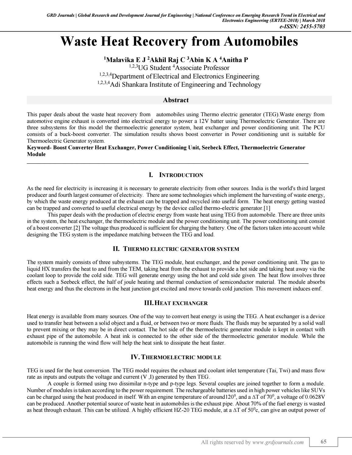 Waste Heat Recovery from Automobiles by GRD Journals - Issuu