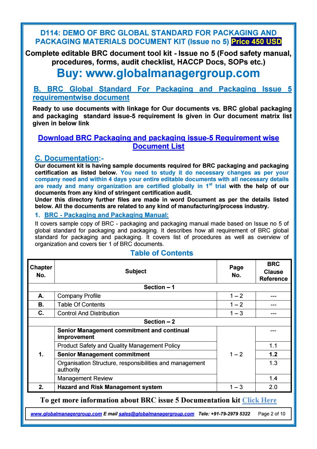 BRC issue 5 documents for packaging material by Global Manager Group ...