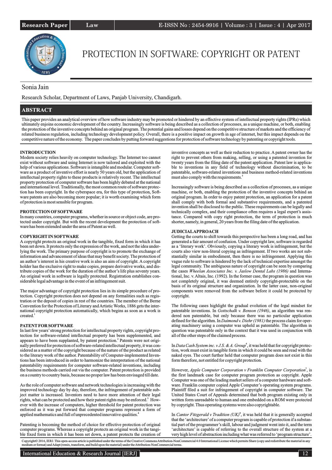 PROTECTION IN SOFTWARE: COPYRIGHT OR PATENT by International Education ...