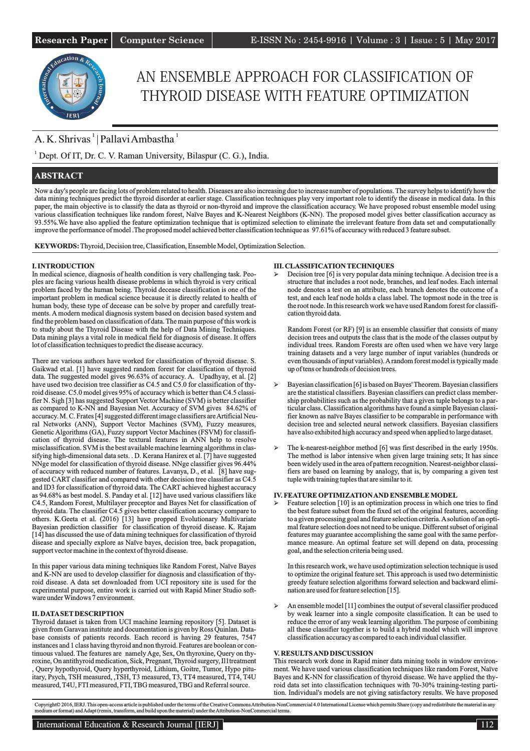 AN ENSEMBLE APPROACH FOR CLASSIFICATION OF THYROID DISEASE WITH FEATURE ...
