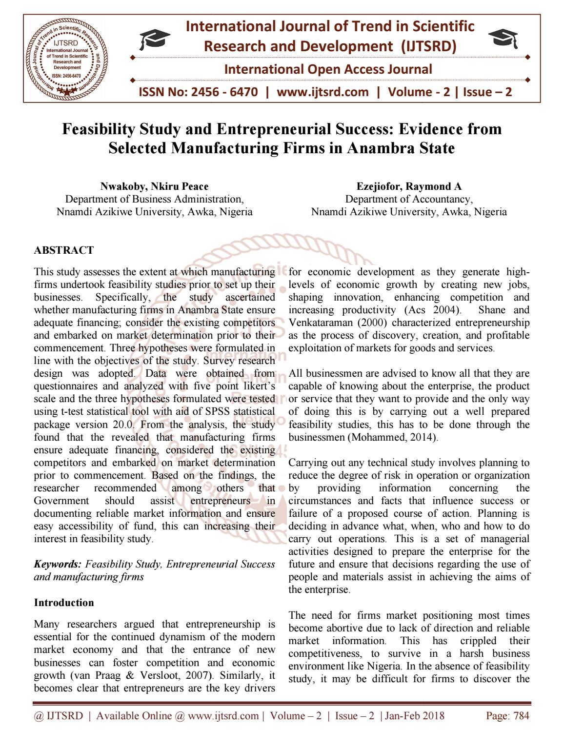 Feasibility Study And Entrepreneurial Success Evidence From Selected Manufacturing Firms In 