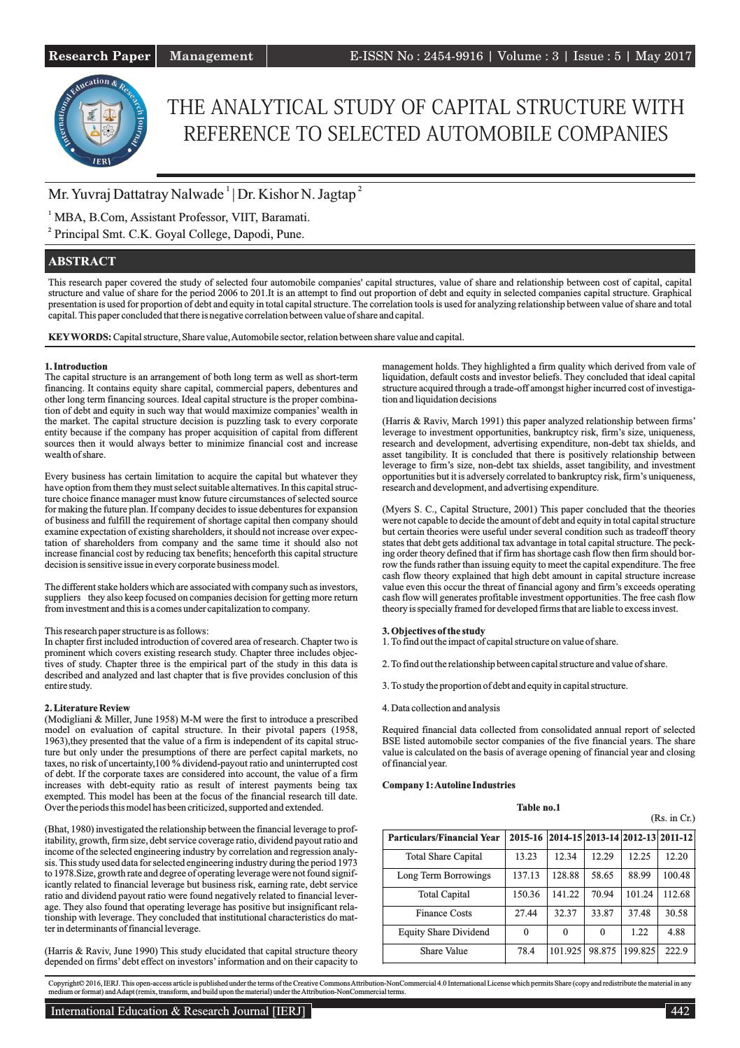 THE ANALYTICAL STUDY OF CAPITAL STRUCTURE WITH REFERENCE TO SELECTED ...