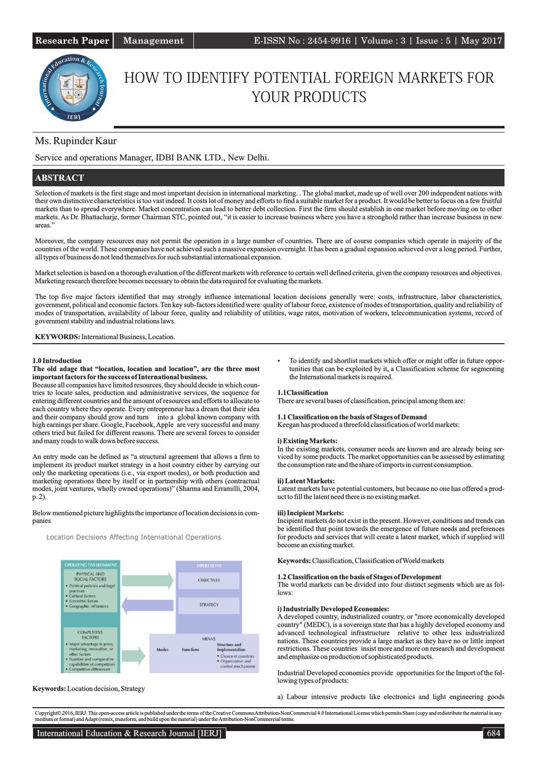 HOW TO IDENTIFY POTENTIAL FOREIGN MARKETS FOR YOUR PRODUCTS by ...