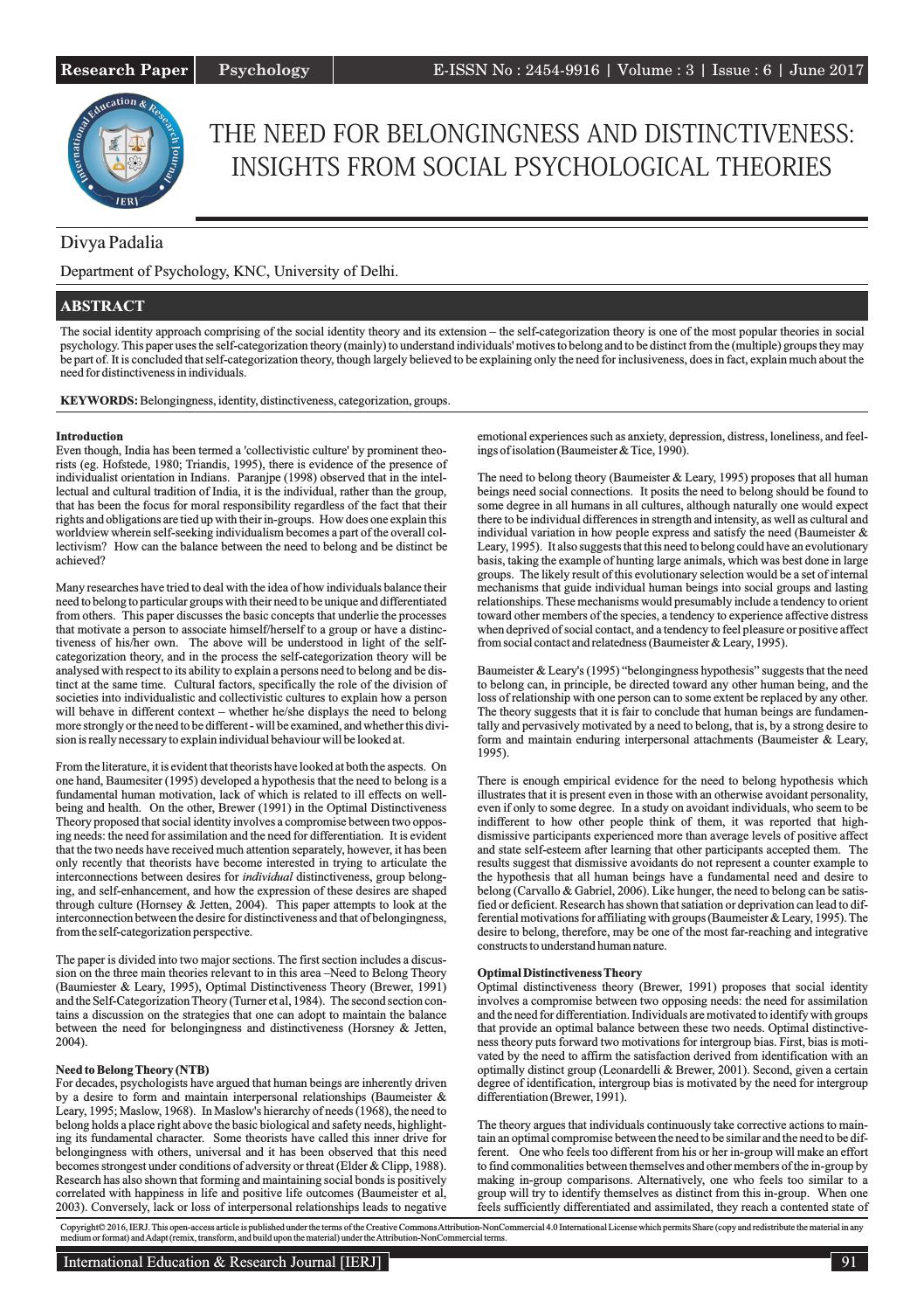 THE NEED FOR BELONGINGNESS AND DISTINCTIVENESS: INSIGHTS FROM SOCIAL ...