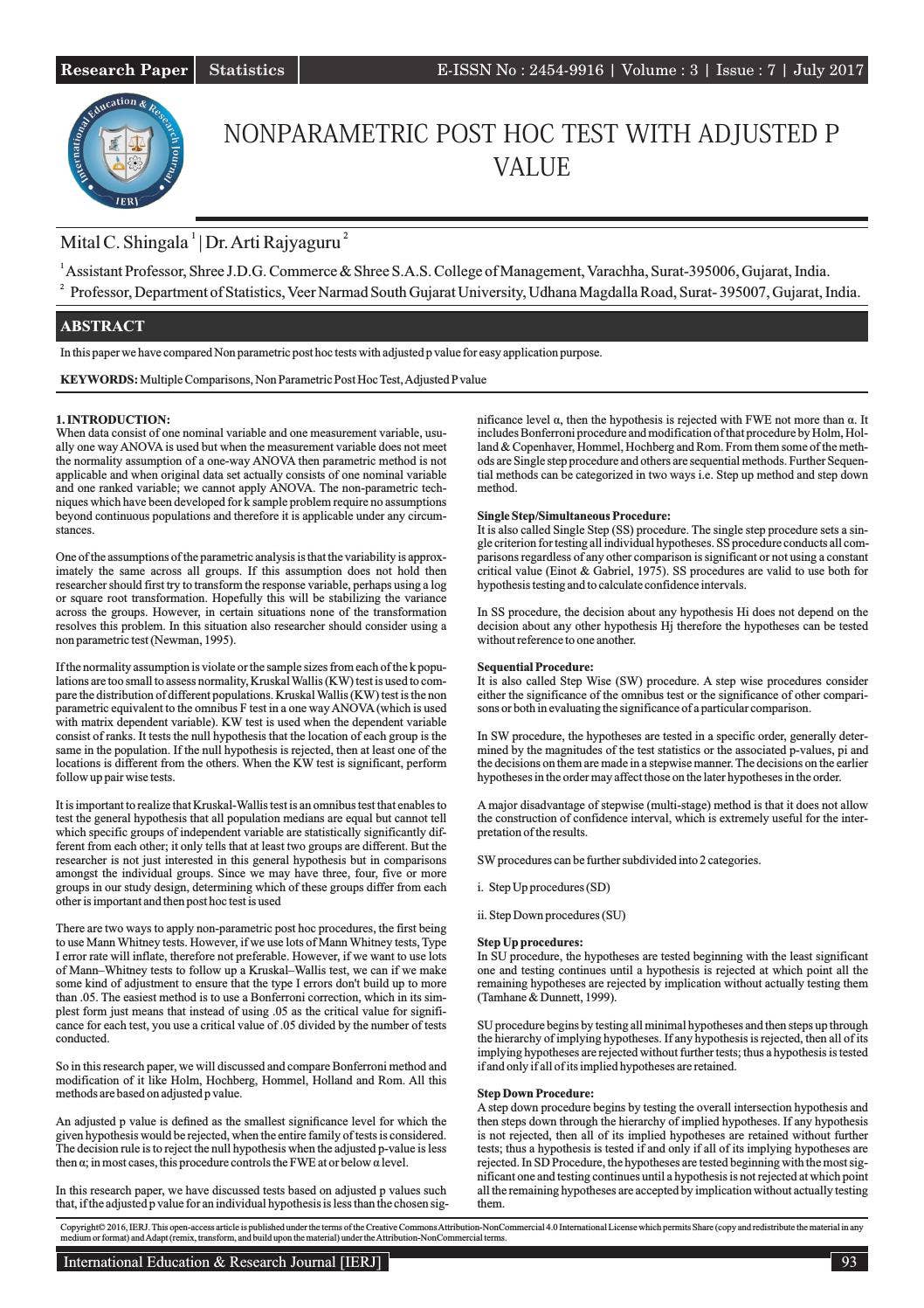 NONPARAMETRIC POST HOC TEST WITH ADJUSTED P VALUE by International ...