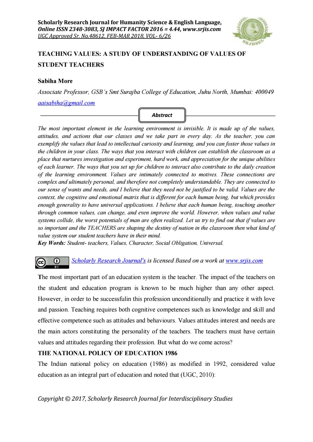 TEACHING VALUES: A STUDY OF UNDERSTANDING OF VALUES OF STUDENT TEACHERS ...