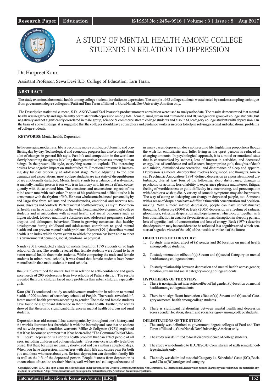 A STUDY OF MENTAL HEALTH AMONG COLLEGE STUDENTS IN RELATION TO ...