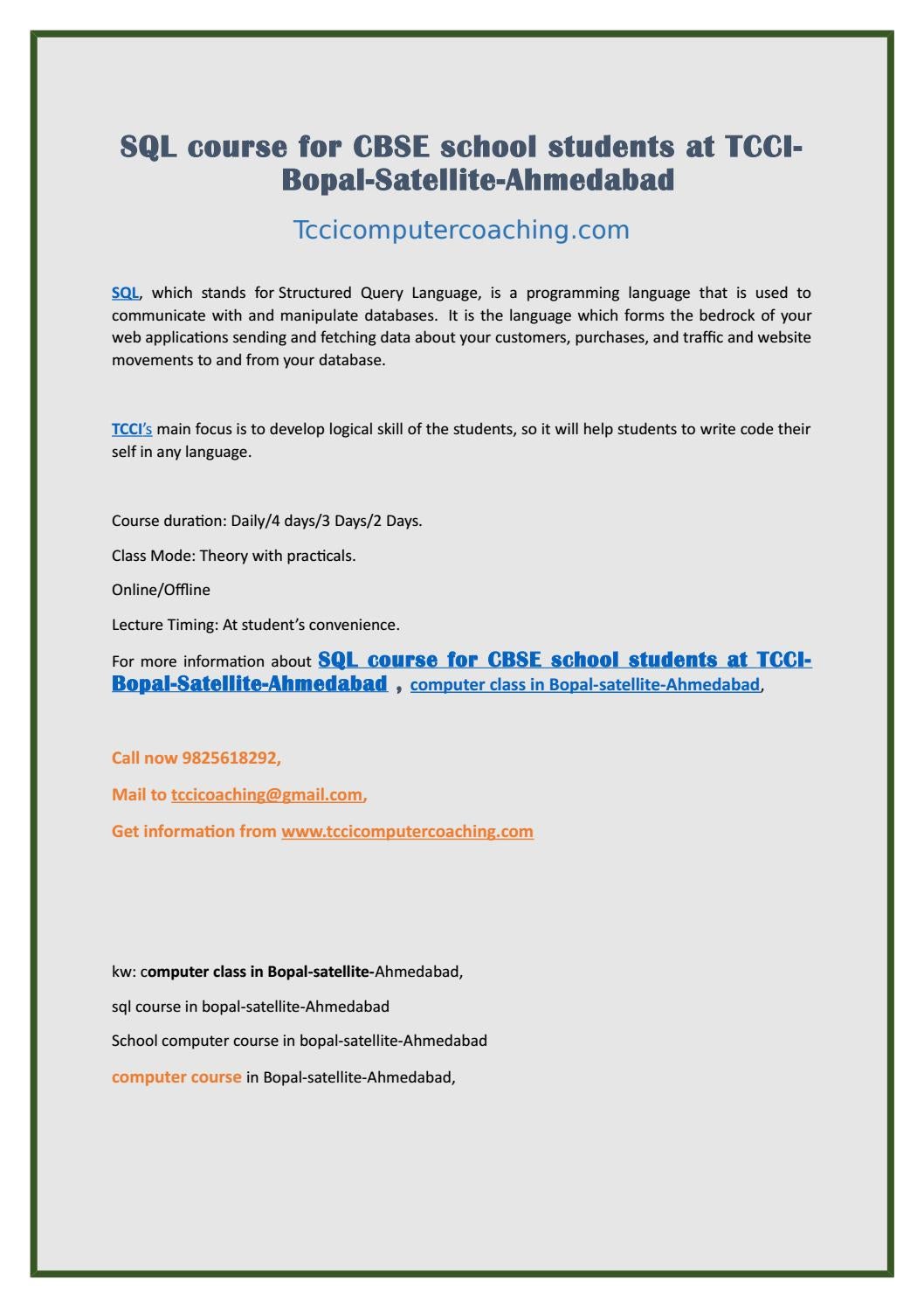 Sql course for cbse school students at tcci satellite ahmedabad by ...