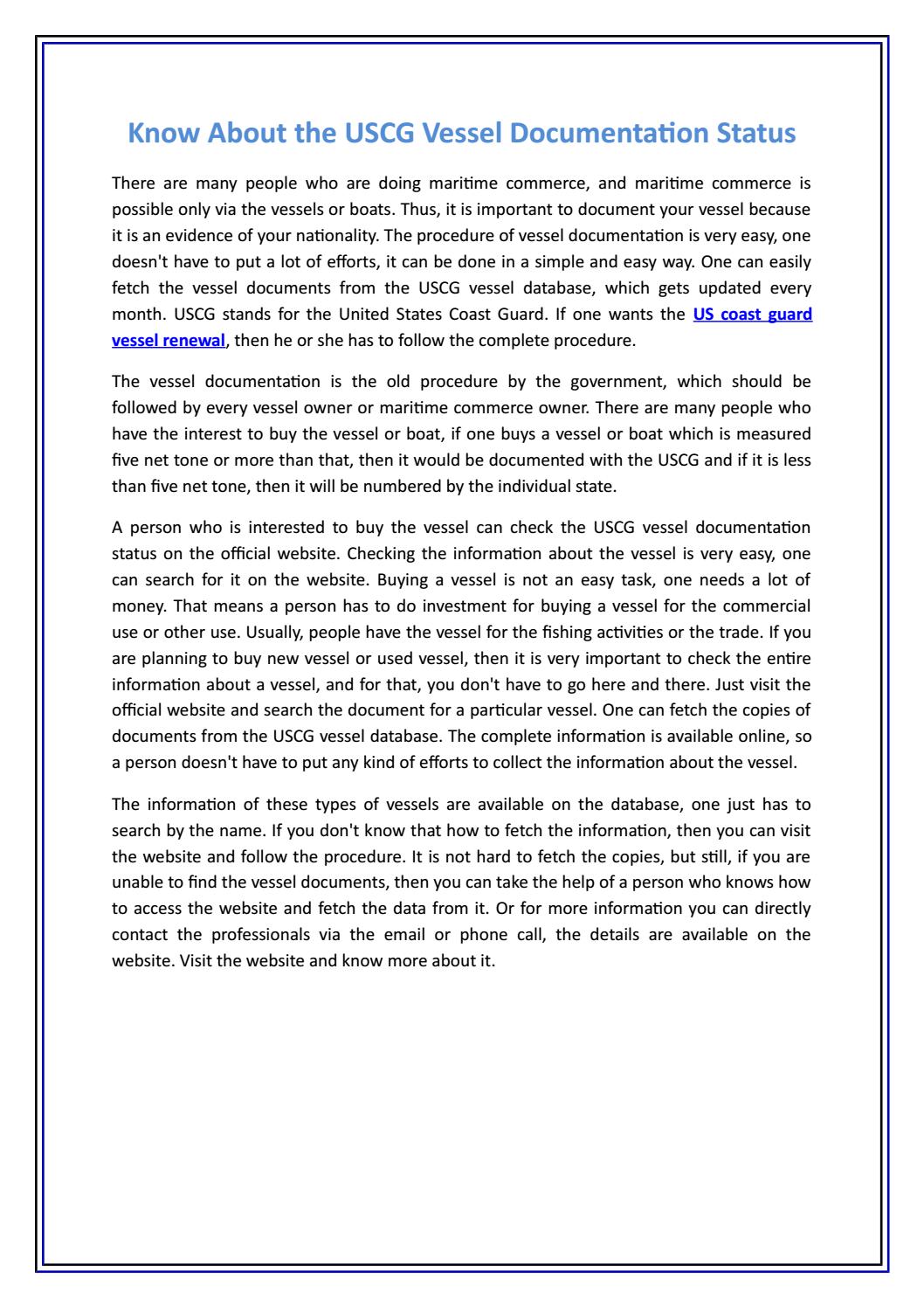 Know about the uscg vessel documentation status by Chirag Patel - Issuu