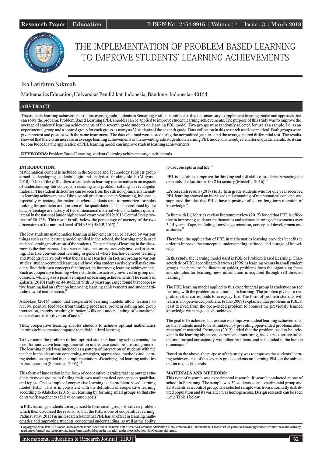 THE IMPLEMENTATION OF PROBLEM BASED LEARNING TO IMPROVE STUDENTS ...