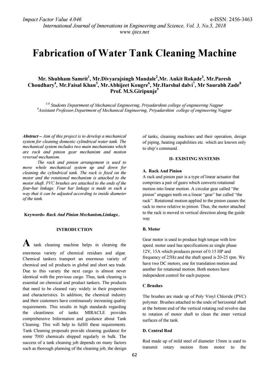 Fabrication of water tank cleaning machine by International Journal of ...