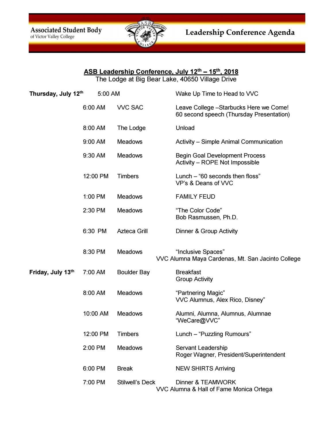 ASB 2018 Leadership Retreat Agenda by Victor Valley College - Issuu