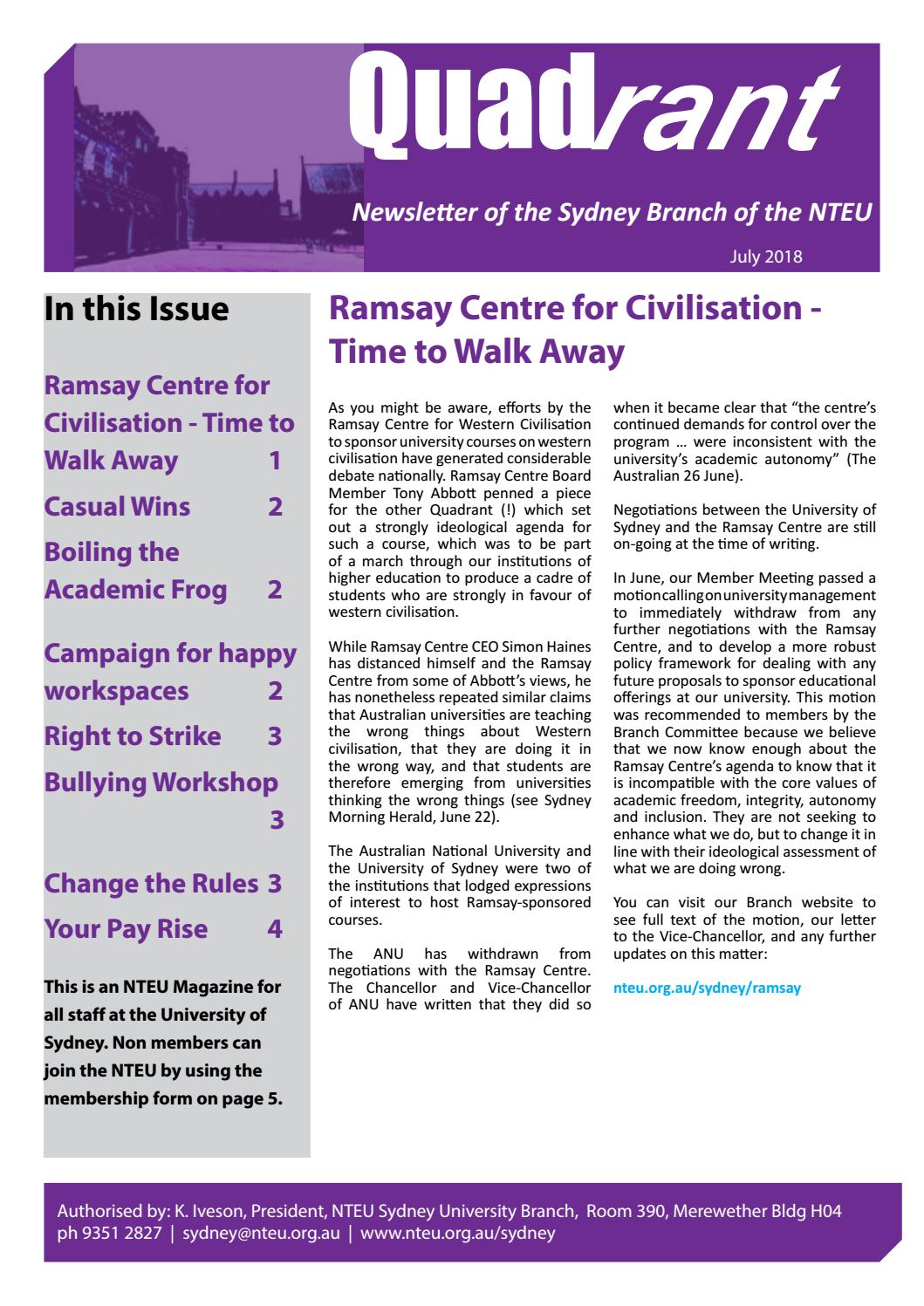 NTEU University of Sydney Branch July 2018 Edition of the QuadRant ...