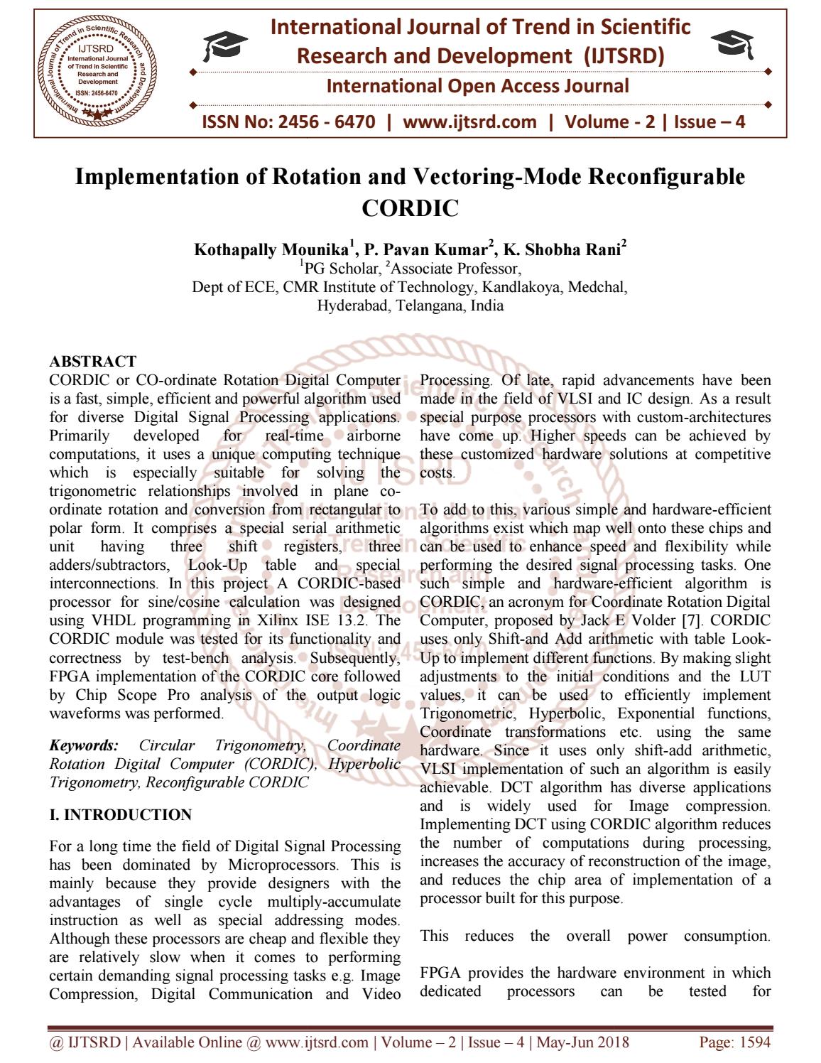 Implementation Of Rotation And Vectoring Mode Reconfigurable Cordic By International Journal Of