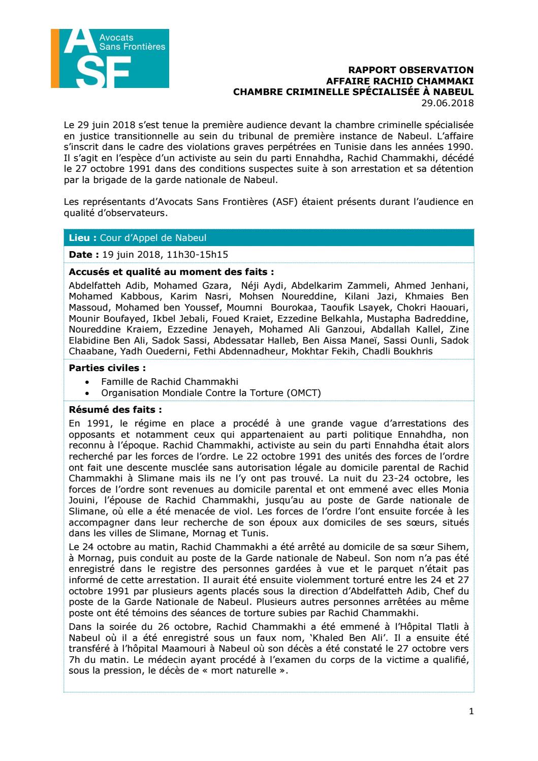 Affaire Rachid Chammaki: rapport audience 29/06/2018 by Avocats Sans ...