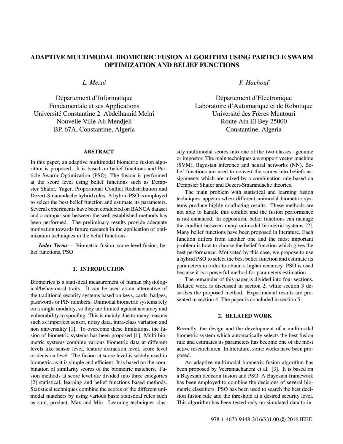 Adaptive Multimodal Biometric Fusion Algorithm Using Particle Swarm Optimization And Belief