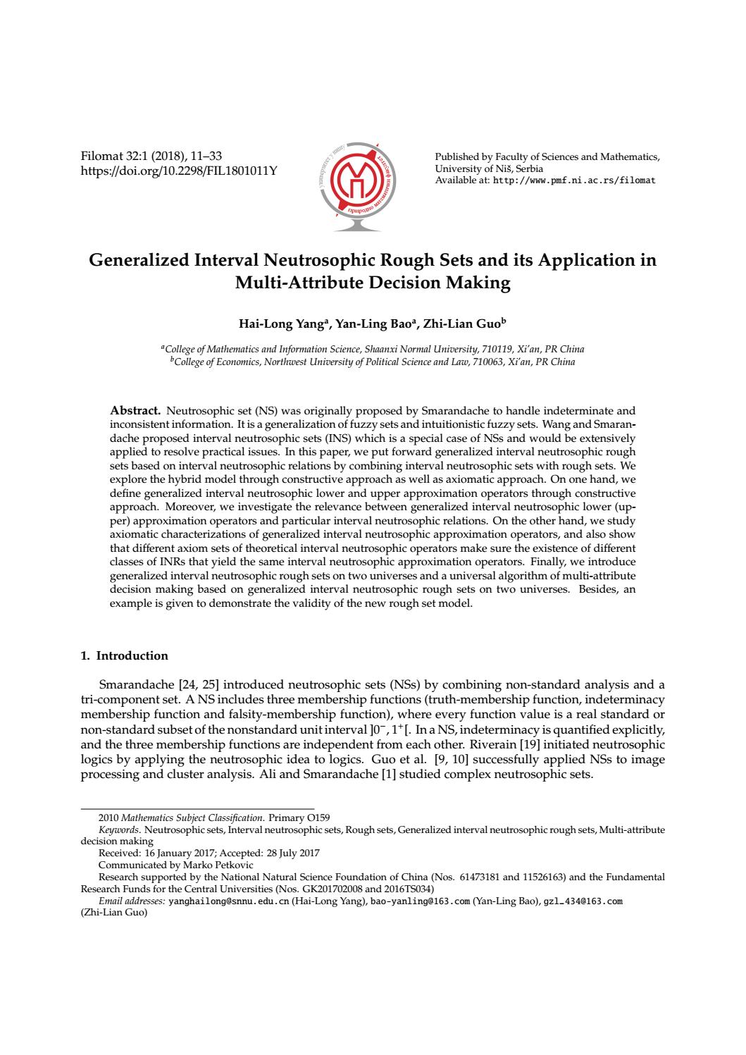 Generalized Interval Neutrosophic Rough Sets and its Application in Multi-Attribute Decision ...