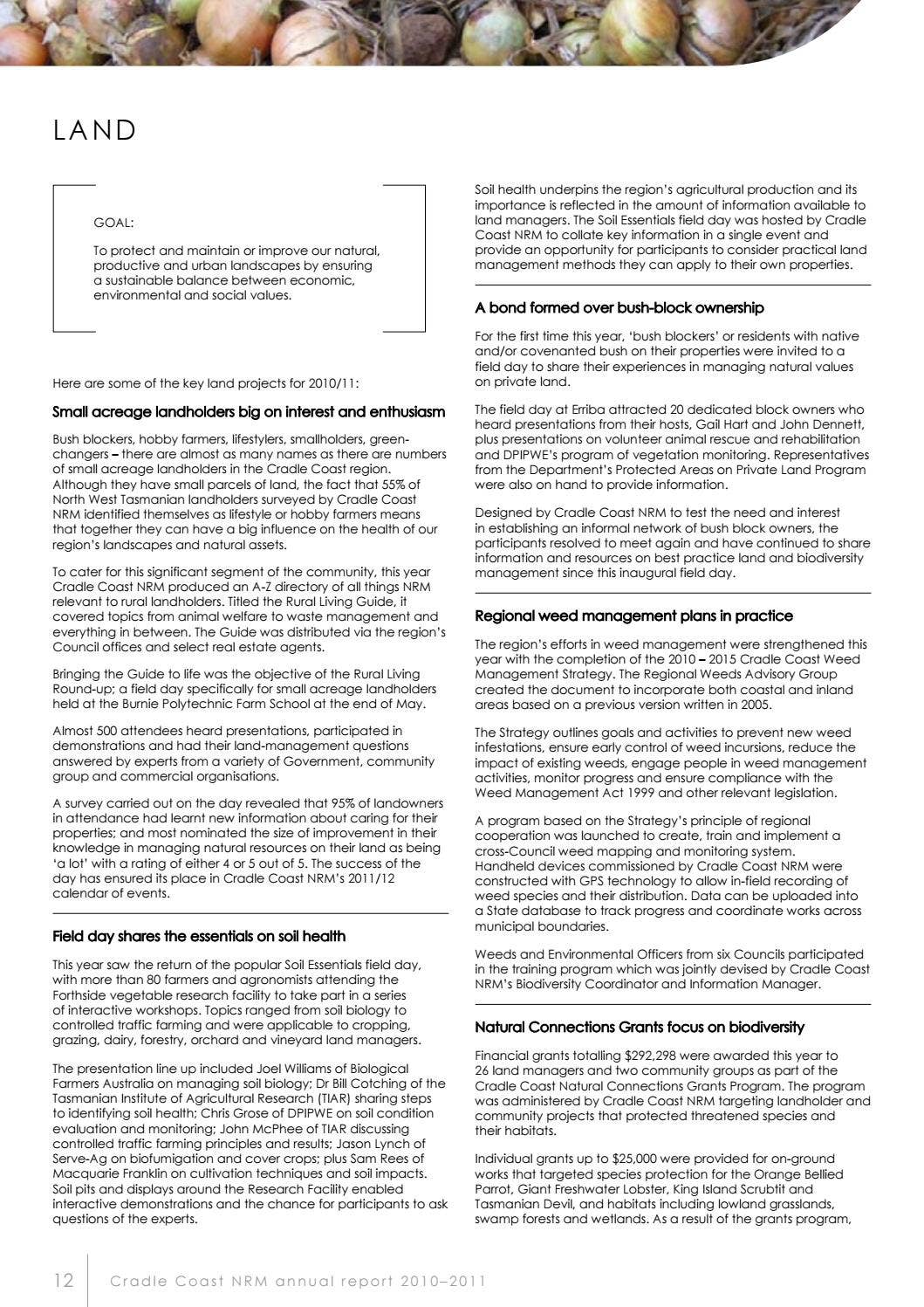 NRM Annual Report 2010-2011 by Cradle Coast Authority - Issuu