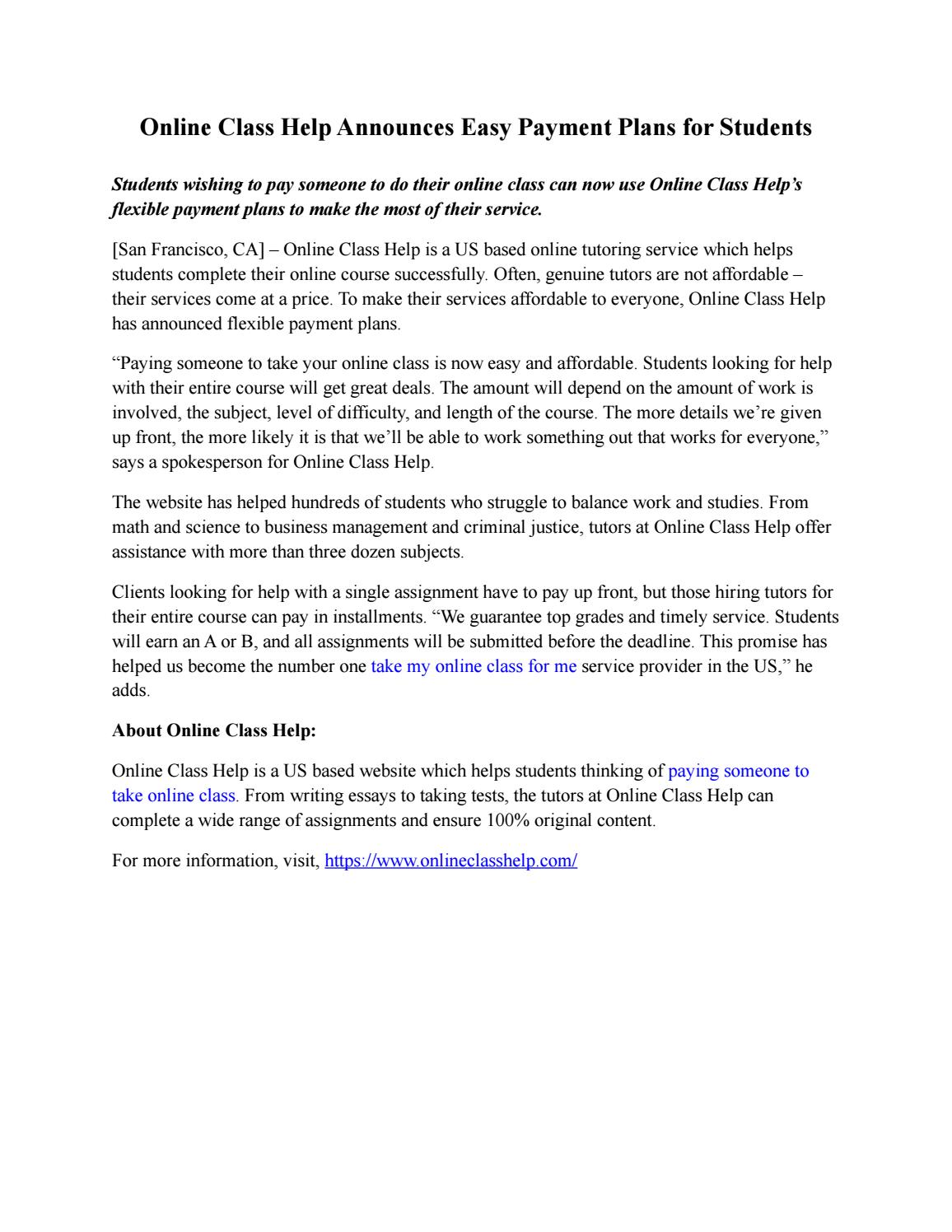Online Class Help Announces Easy Payment Plans for Students by ...
