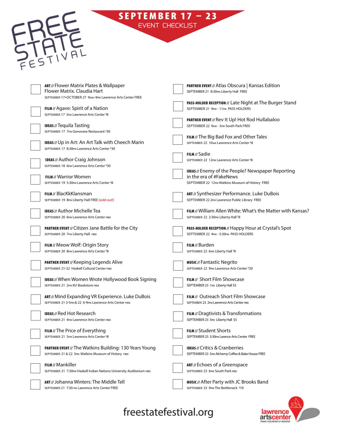 2018 Free State Festival Event Checklist by Lawrence Arts Center - Issuu
