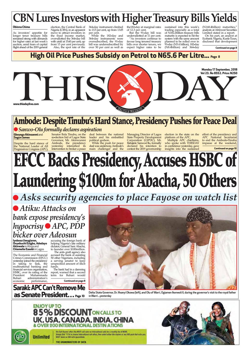 TUESDAY 18TH SEPTEMBER 2018 by THISDAY Newspapers Ltd - Issuu
